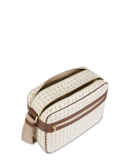Borsa a tracolla Pollini con doppia zip avorio-marrone Borsa a tracolla Pollini con doppia zip avorio-marrone